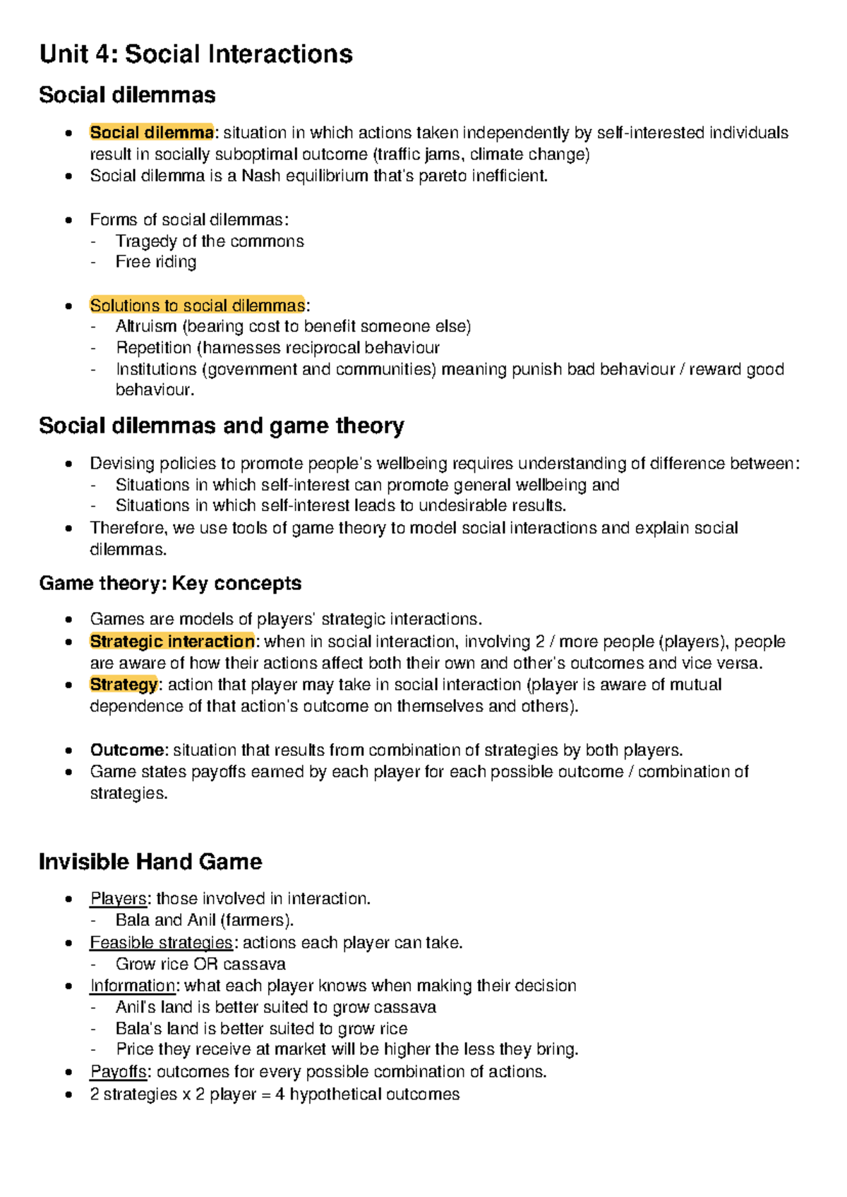 Unit 4 opsomming - Unit 4: Social Interactions Social dilemmas Social ...