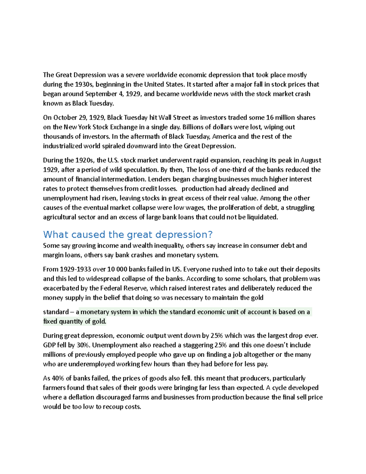 The Great Depression - mandatory - The Great Depression was a severe ...