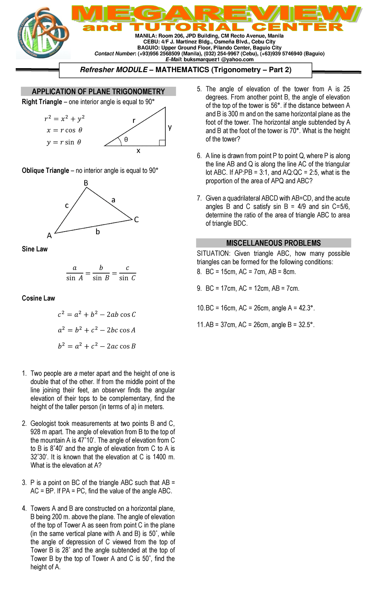Review Module - Trigonometry (Part 2) - MANILA: Room 206, JPD Building, CM Recto Avenue, Manila ...