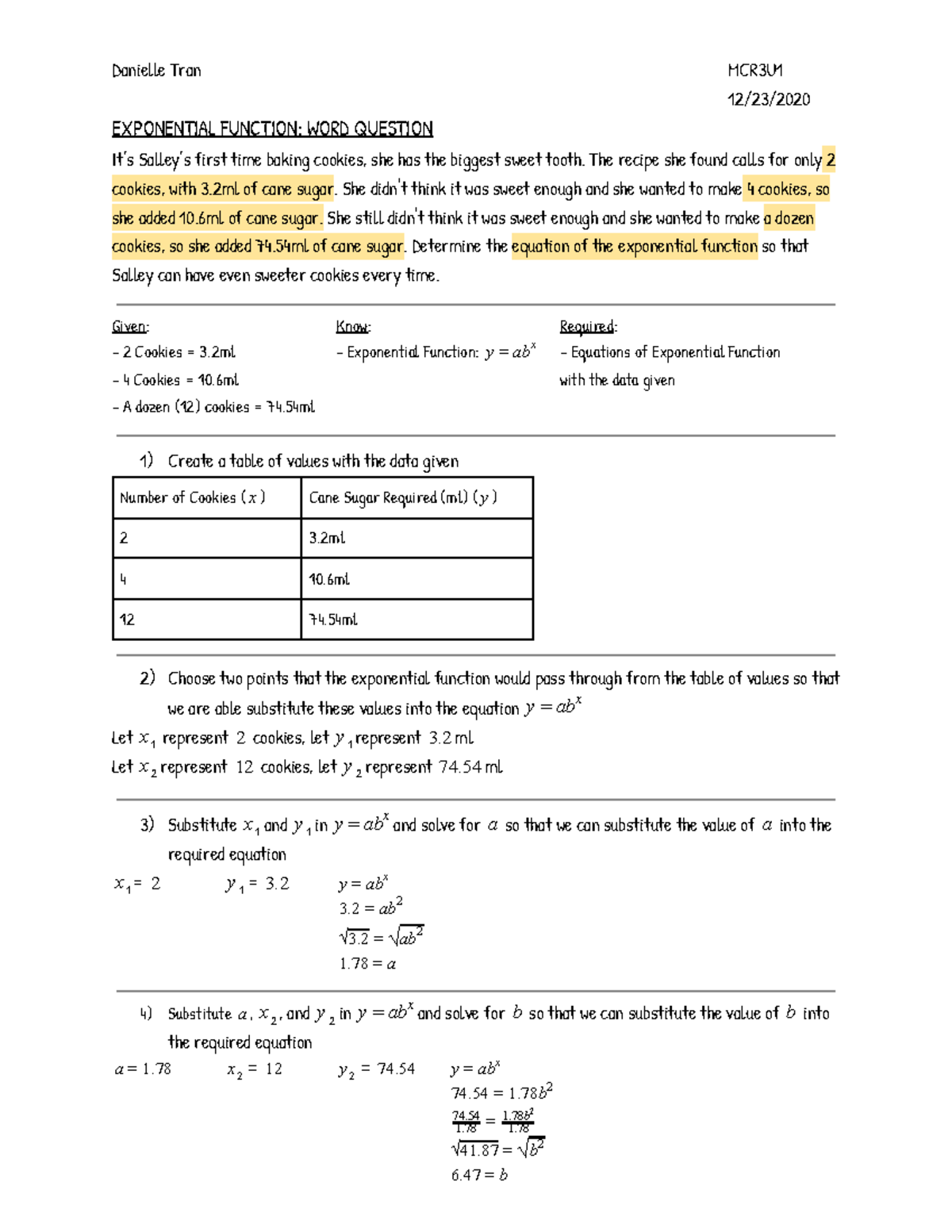 Exponential Modelling Assignment (1) - Danielle Tran MCR3U1 12/23/2020 EXPONENTIAL FUNCTION ...