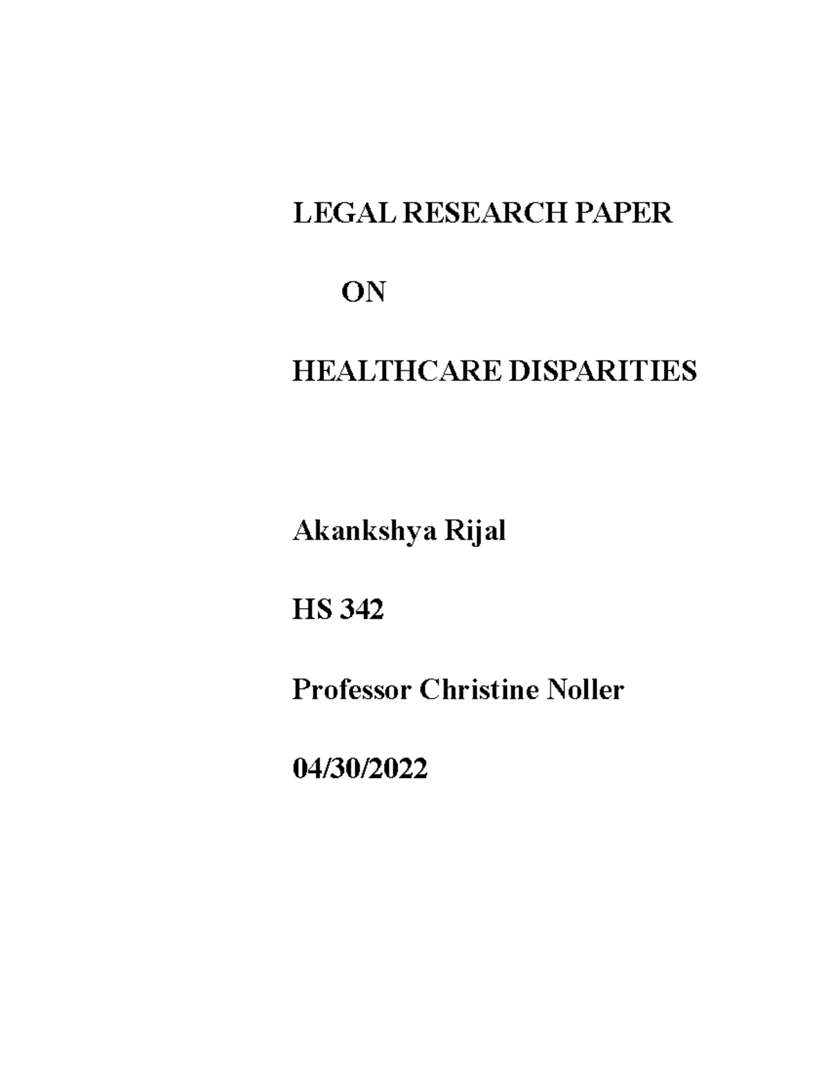 Health Disparities IN USA - LEGAL RESEARCH PAPER ON HEALTHCARE ...