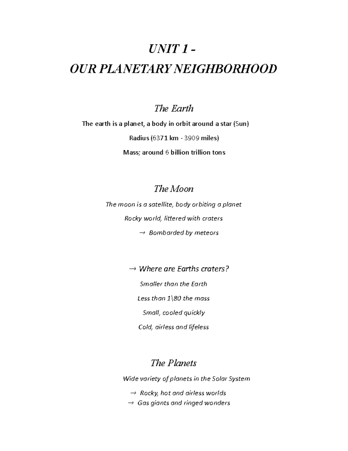 Descriptive Astronomy Unit 1 - UNIT 1 - OUR PLANETARY NEIGHBORHOOD The ...