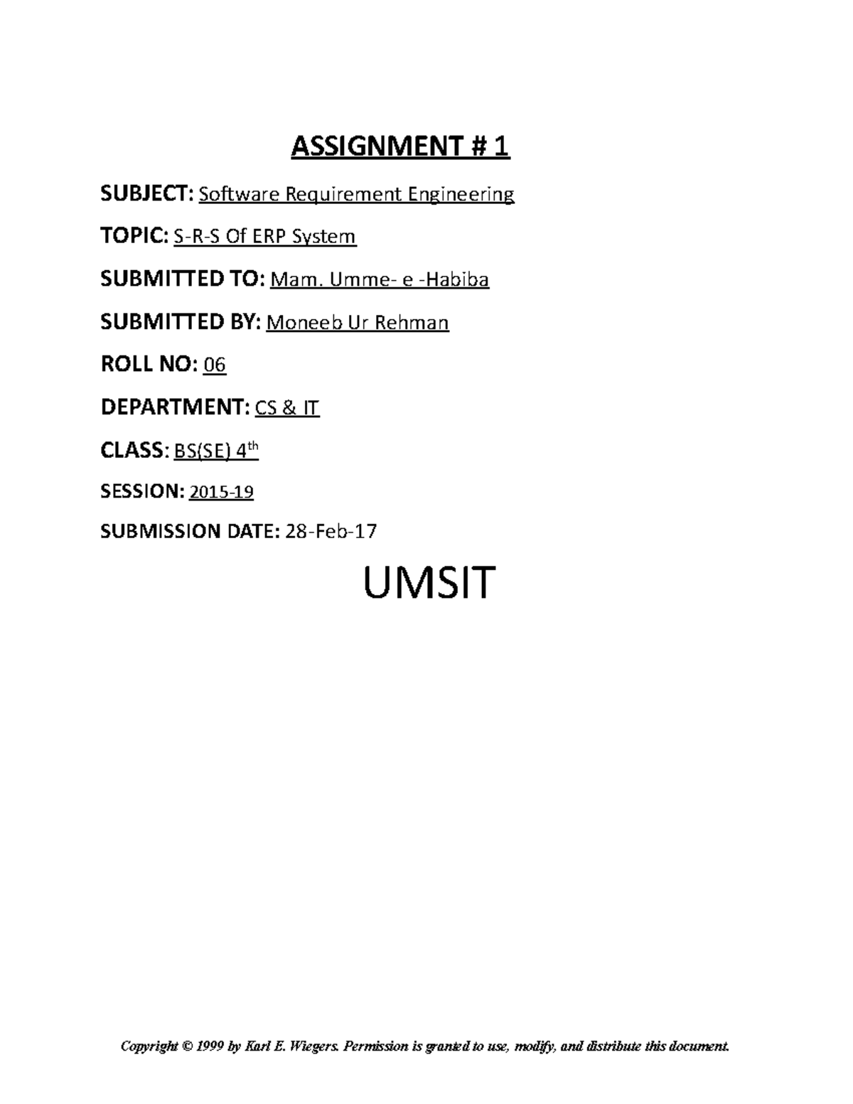 ERP System SRS - Notes for SRS - ASSIGNMENT # 1 SUBJECT: Software ...