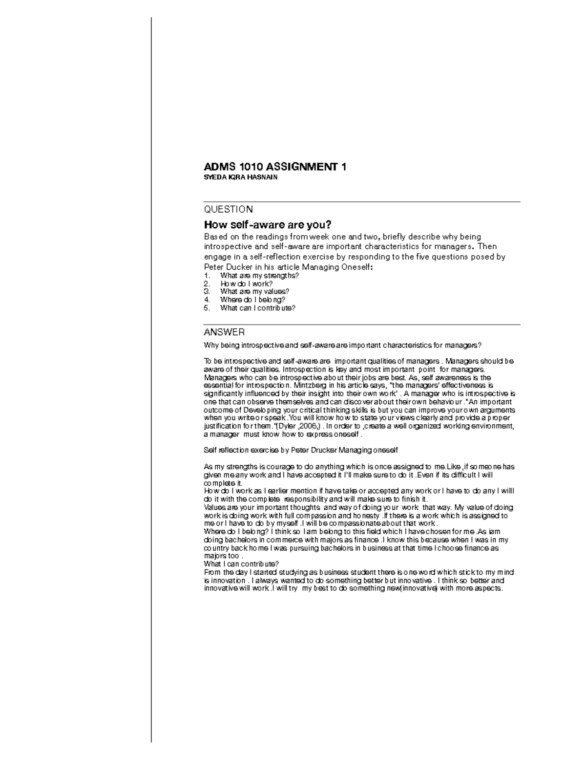 ADMS1010 Assignment 1 - ADMS 1010 ASSIGNMENT 1 SYEDA IQRA HASNAIN QUESTION How self-aware are ...