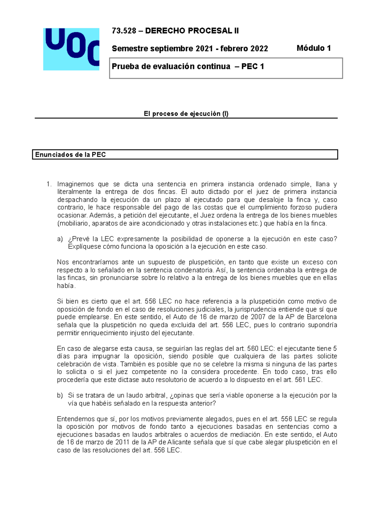 73528 PEC1 Procesal II - 73 – DERECHO PROCESAL II Semestre septiembre 2021 - febrero 2022 Módulo ...
