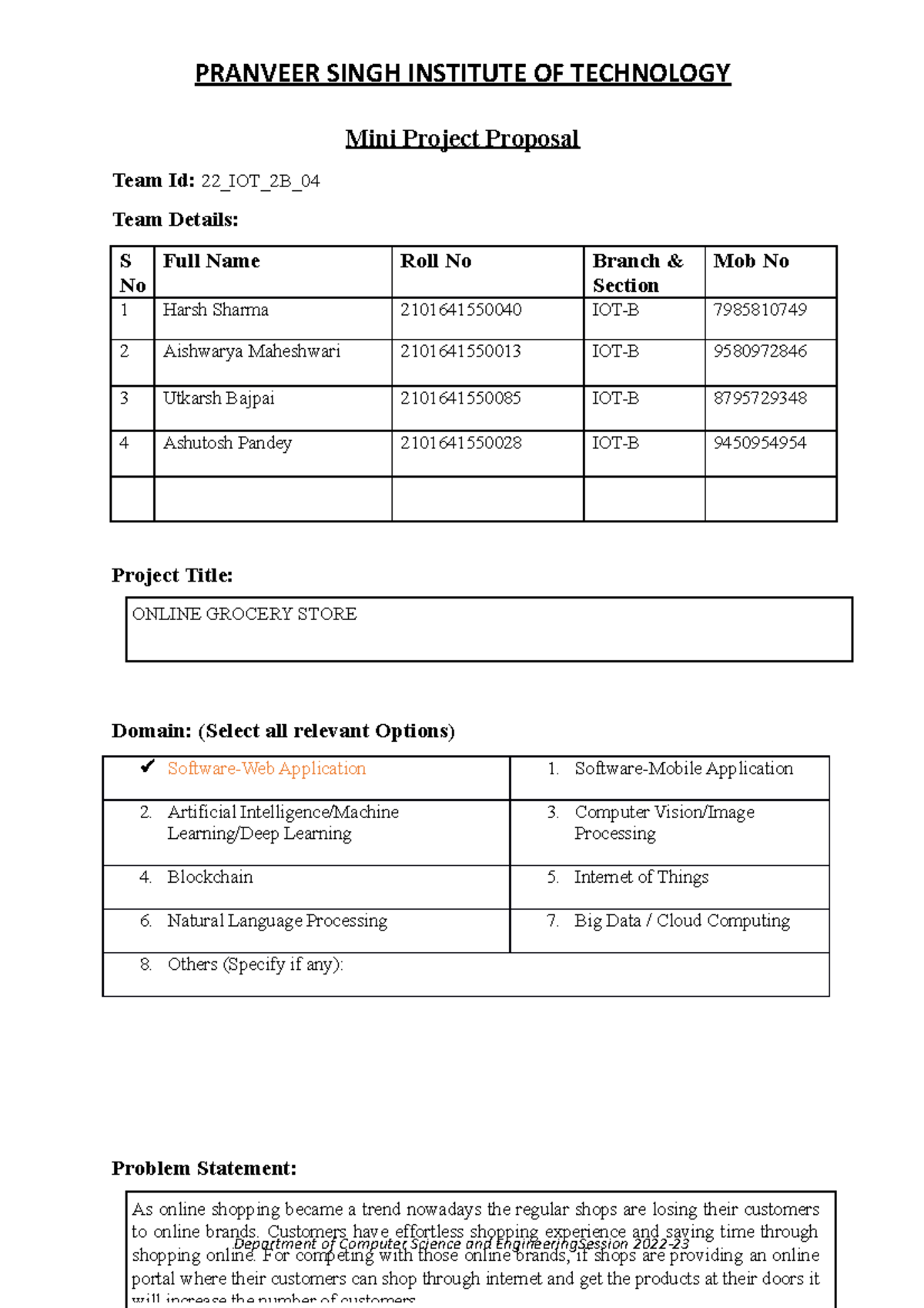 Second year Mini Project Proposal-2-1 - PRANVEER SINGH INSTITUTE OF ...