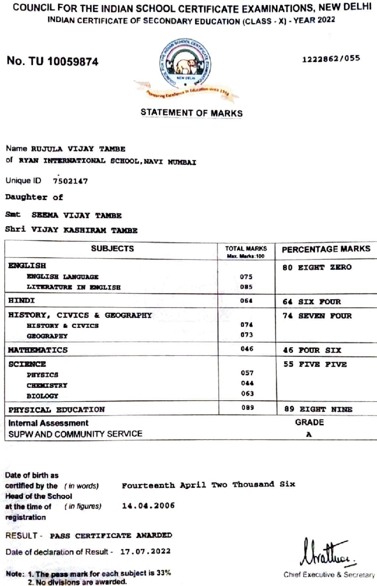 10th mark sheet - 10th std - COUNCILFOR THE INDIAN SCHOOL CERTIFICATE ...