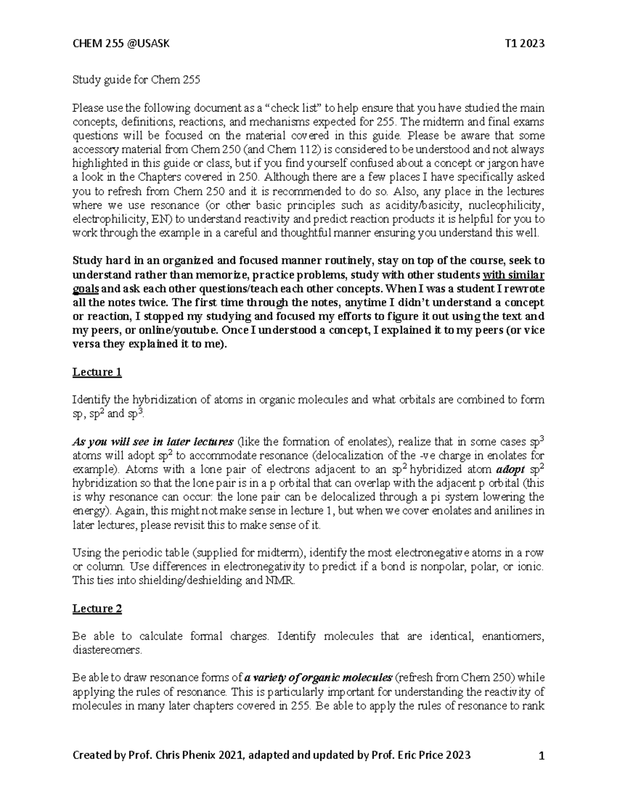 Study guide - midterm I (Lec 1-9) - Study guide for Chem 255 Please use ...