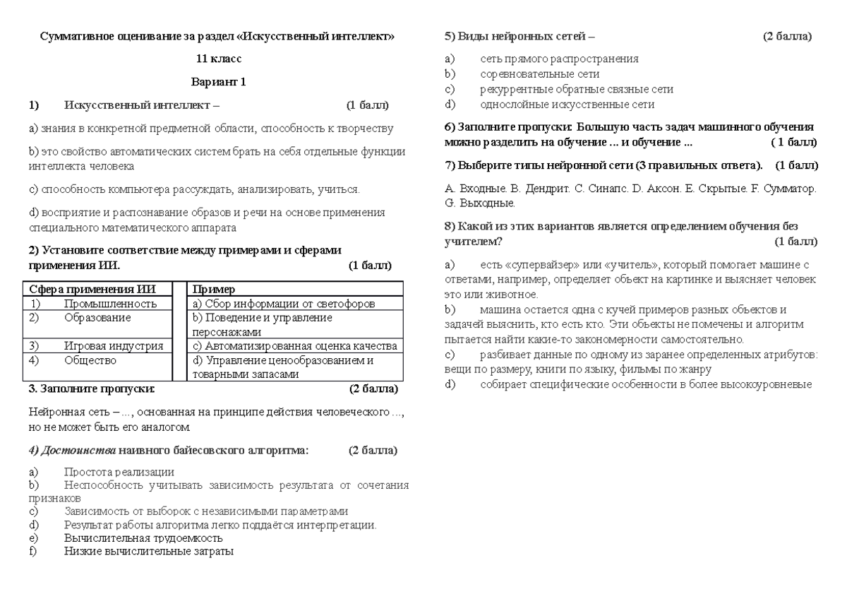 СОР 1 вар 1 - vbvbv - Суммативное оценивание за раздел «Искусственный ...