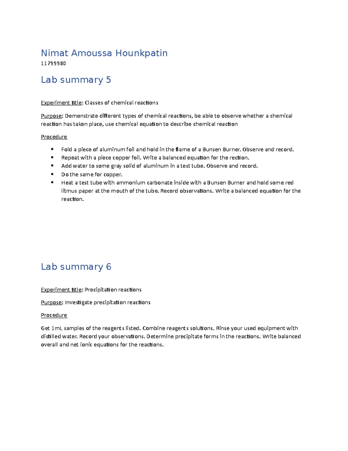 Lab summary 5 and 6 - Lab summaries - Nimat Amoussa Hounkpatin 11799980 Lab summary 5 Experiment ...