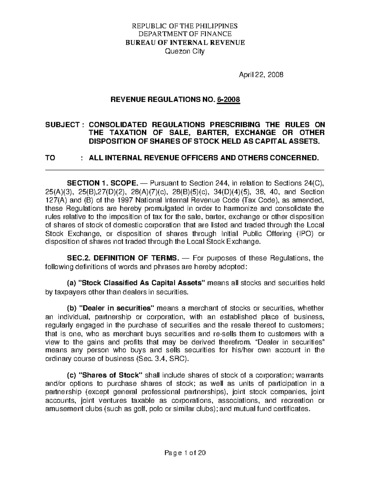 BIR RR 6 2008 - BIR RR 6-2008 - REPUBLIC OF THE PHILIPPINES DEPARTMENT ...