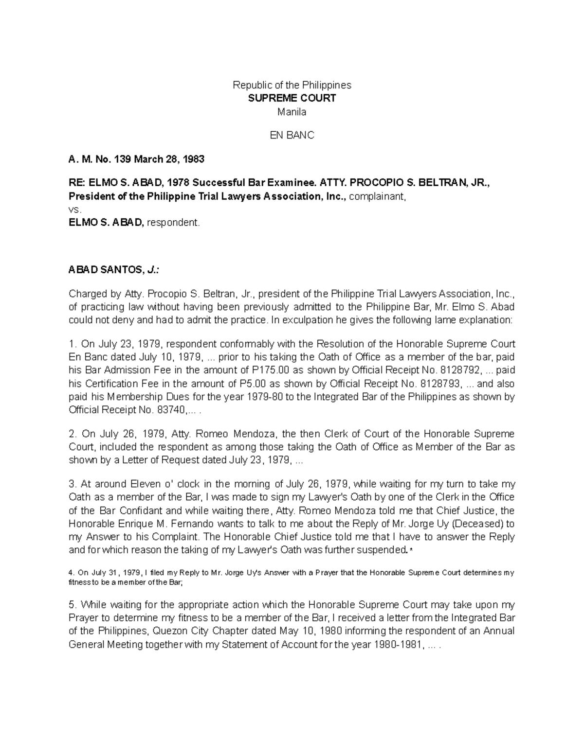 Beltran-VS-ABAD - A case about b - Republic of the Philippines SUPREME COURT Manila EN BANC A. M ...