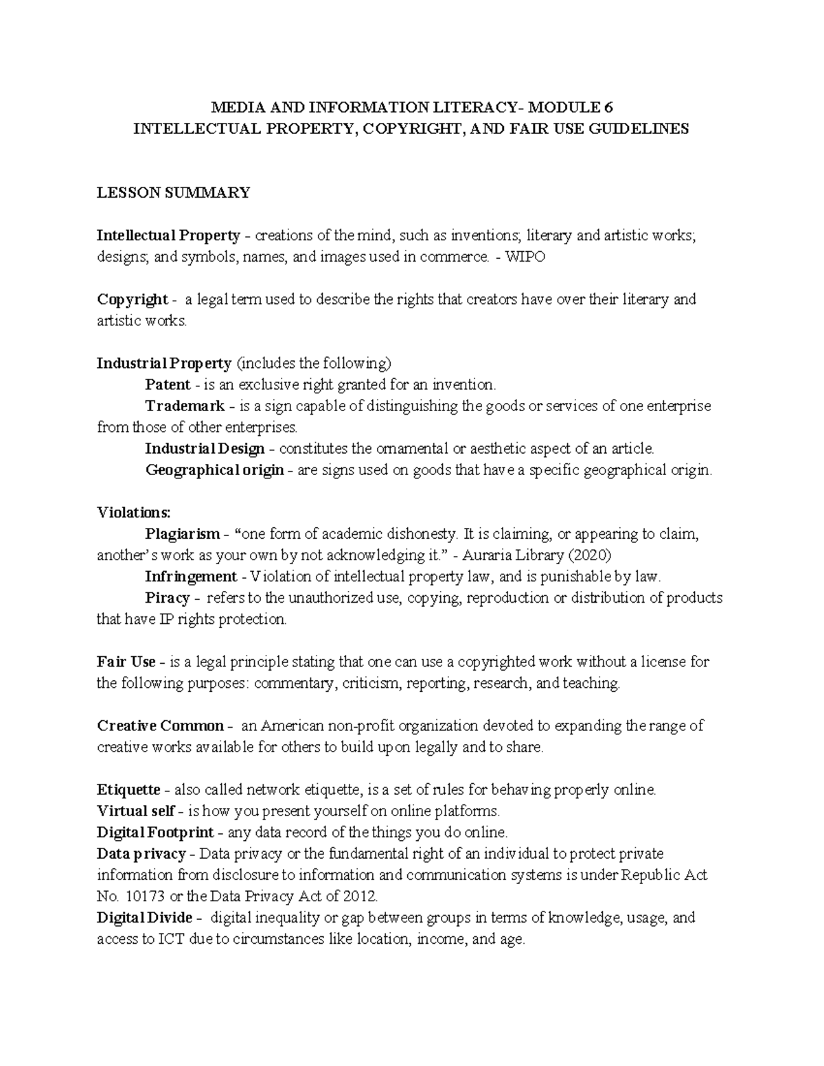 MiL lesson summary Reviewer - MEDIA AND INFORMATION LITERACY- MODULE 6 ...