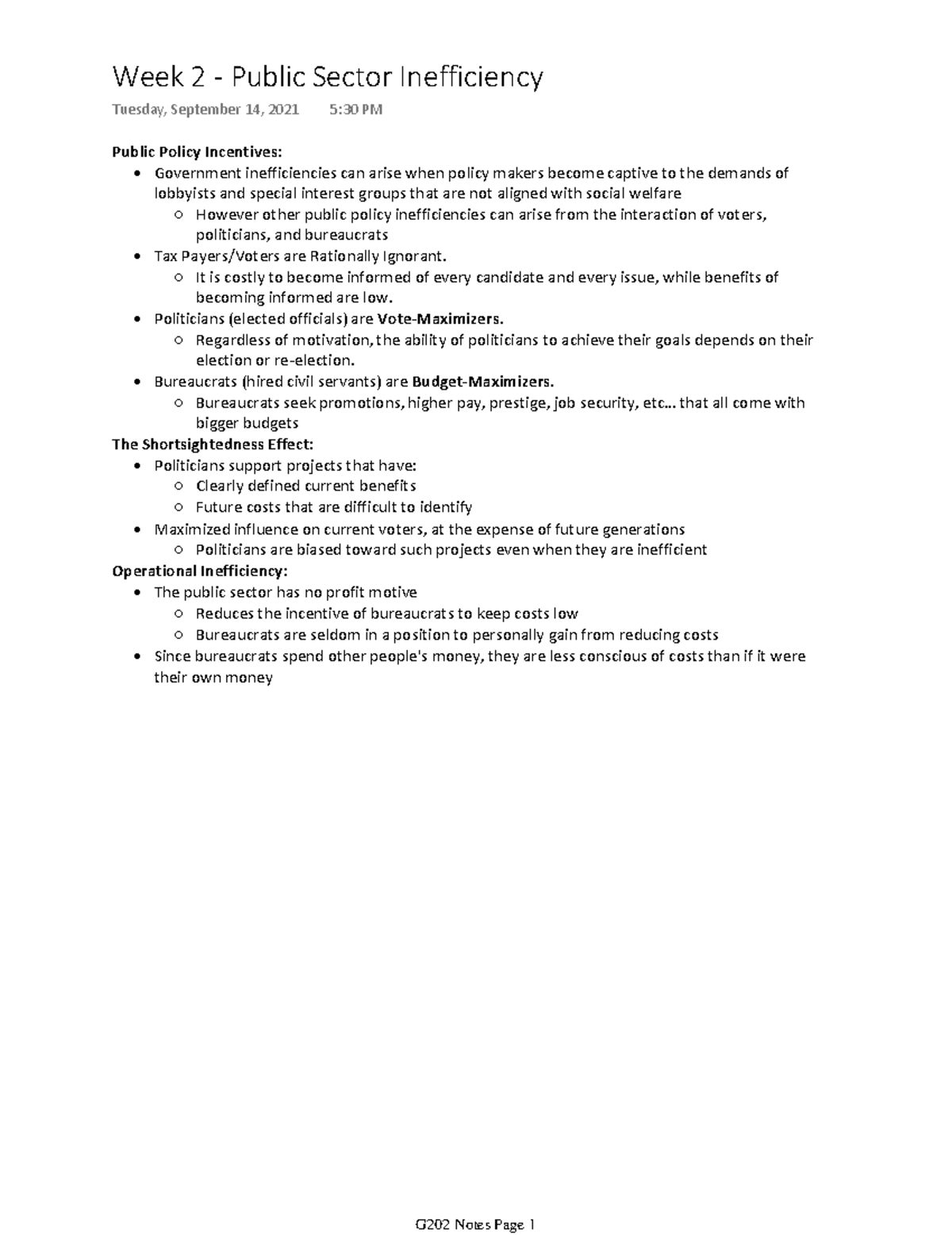 Week 2 - Public Sector Inefficiency - Public Policy Incentives ...