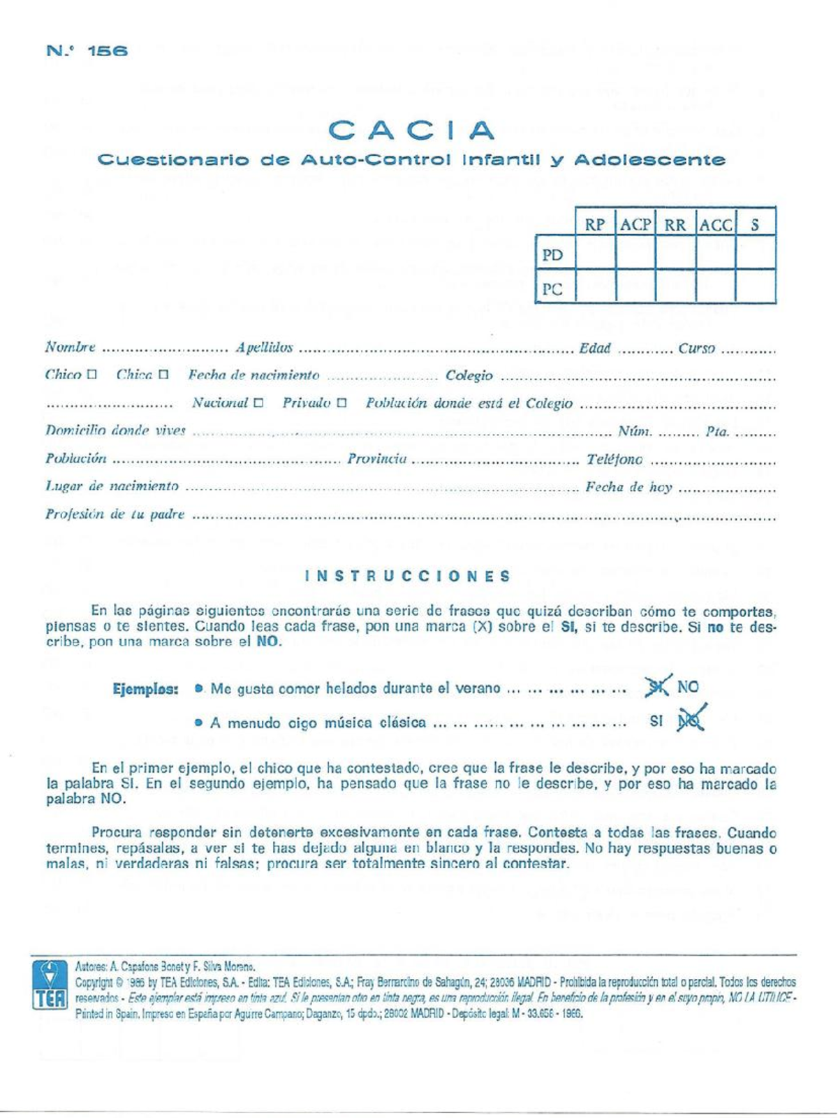 Cacia. Hoja de respuestas - 156 CACIA Cuestionario de Infantil y ...