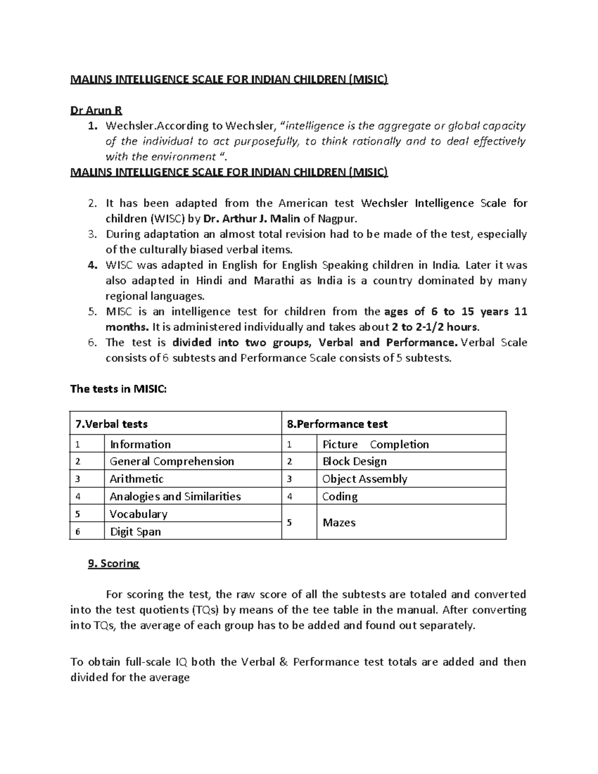 MISIC notes pdf - MALINS INTELLIGENCE SCALE FOR INDIAN CHILDREN (MISIC ...