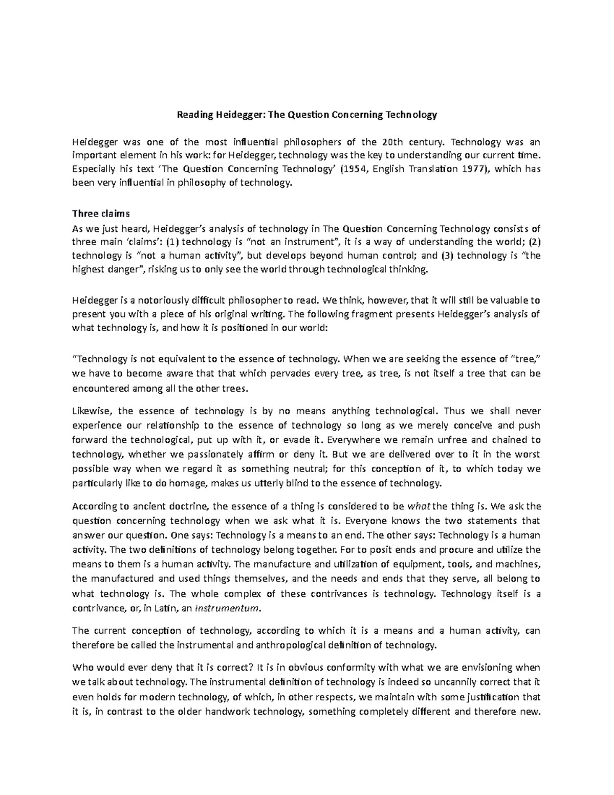 Reading Heidegger Case study 1 - Reading Heidegger: The Question ...