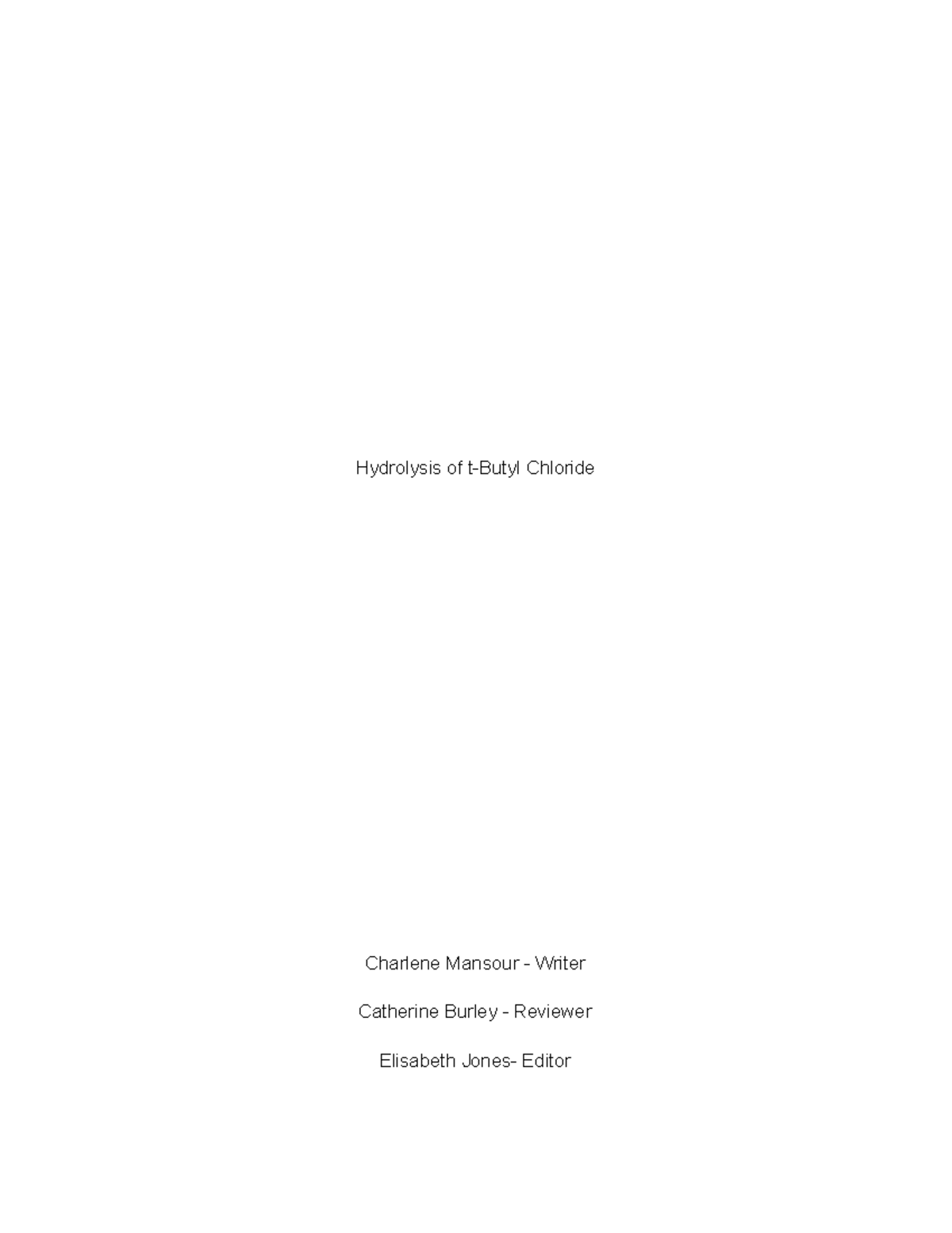 Hydrolysis of t-Butyl Chloride - Hydrolysis of t-Butyl Chloride ...