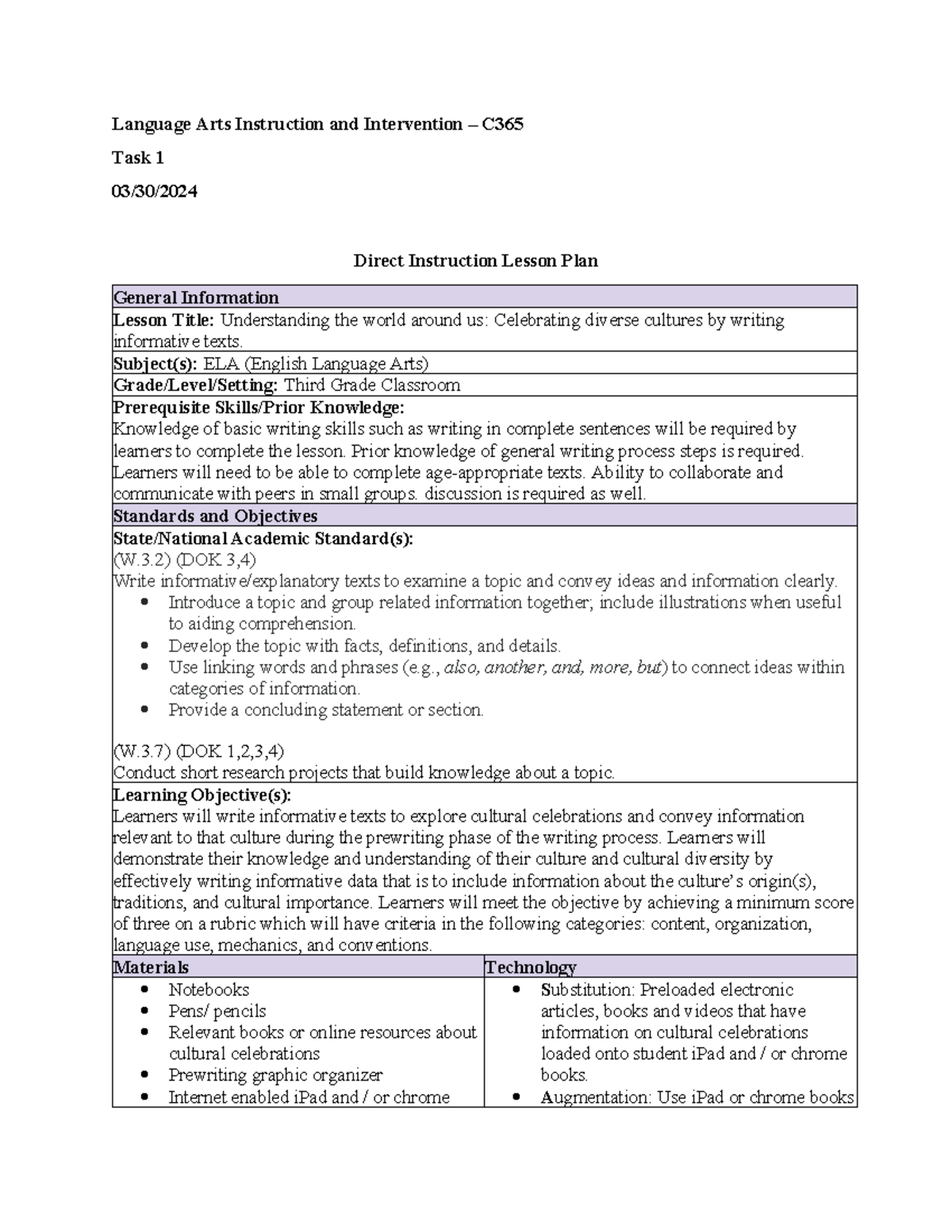 C365 Task 01 COPY - Language Arts Instruction and Intervention – C Task 1 03/30/ Direct ...