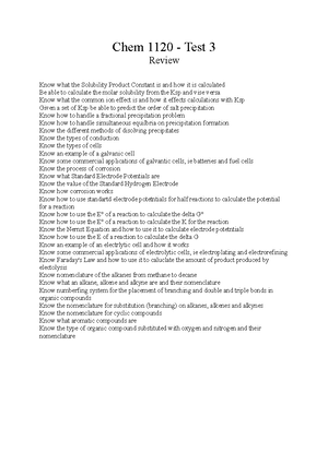 CHEM 1120 test 1 review - Chem 1120 - Test 1 Review Know what kinetic ...