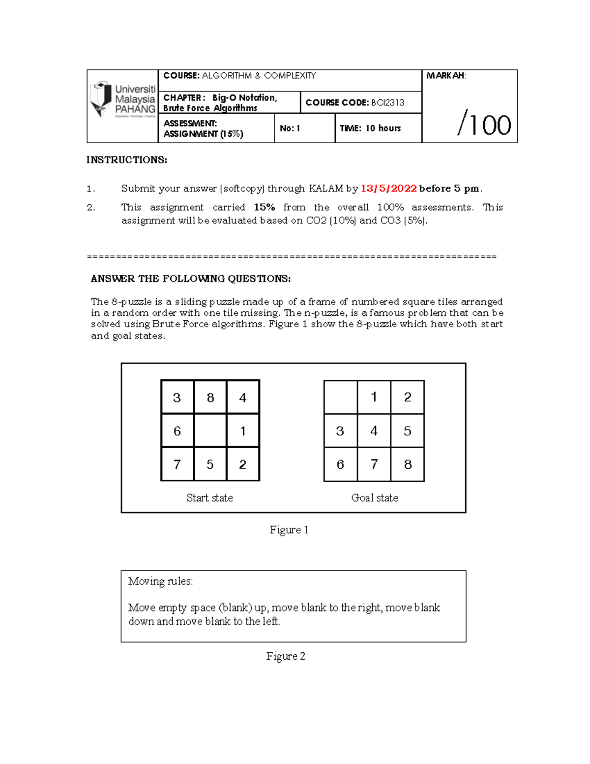 Assignment 1 v2 - COURSE: ALGORITHM & COMPLEXITY MARKAH : / 100 CHAPTER ...