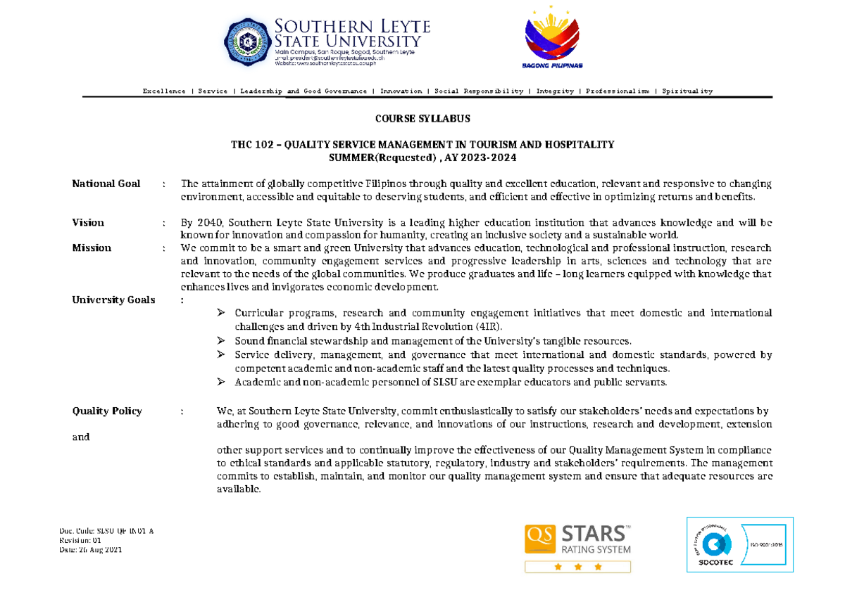 THC 201 - Course Syllabi - Excellence | Service | Leadership and Good ...