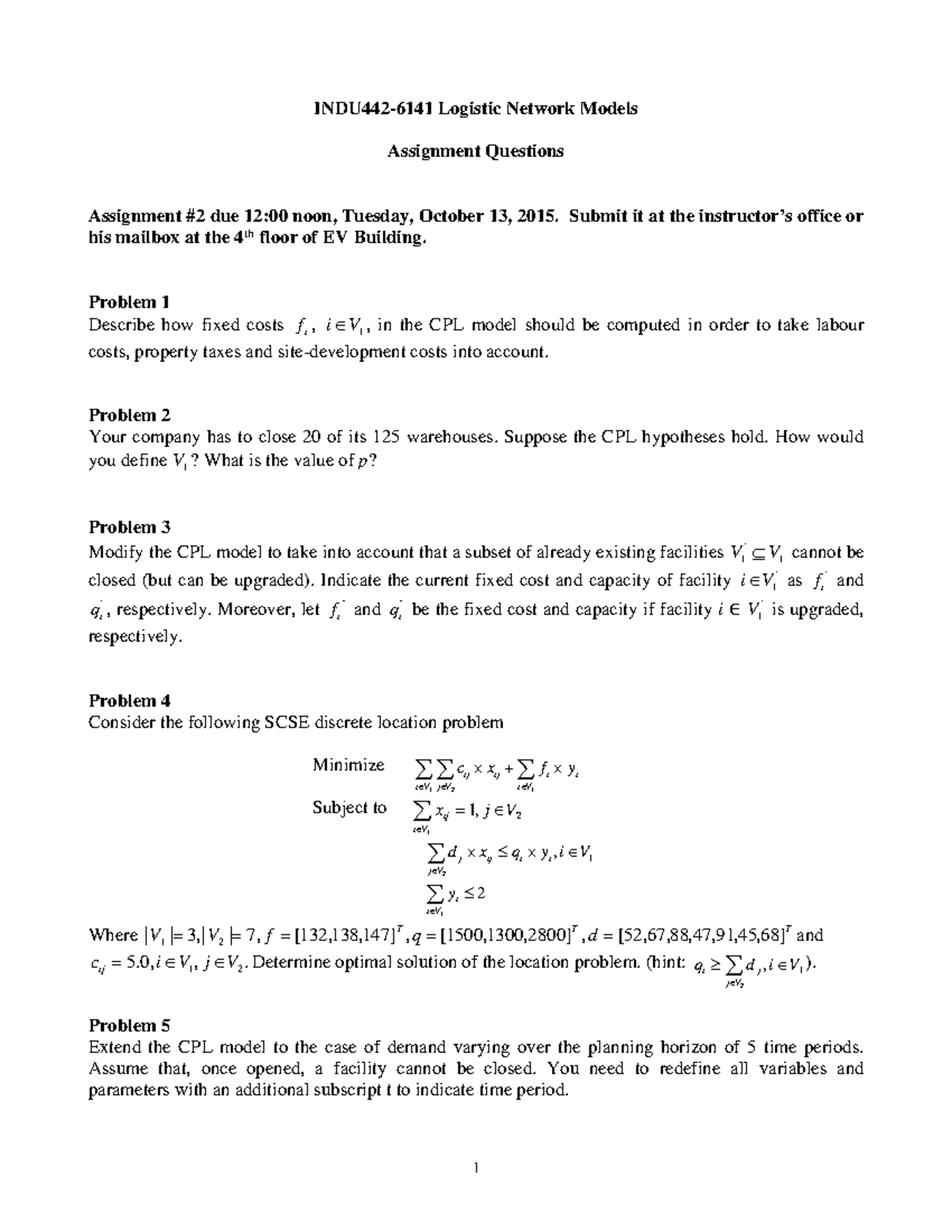 Seminar Assignments Assignment 2 1 Indu442 6141 Logistic Network Models Assignment Questions
