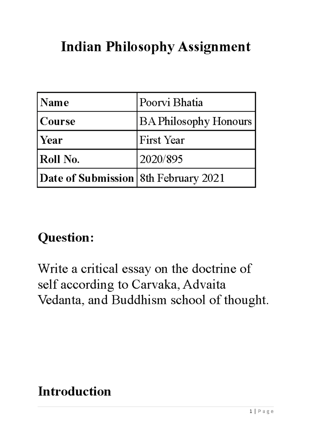 Indian Philosophy Assignment on Self - Indian Philosophy Assignment ...