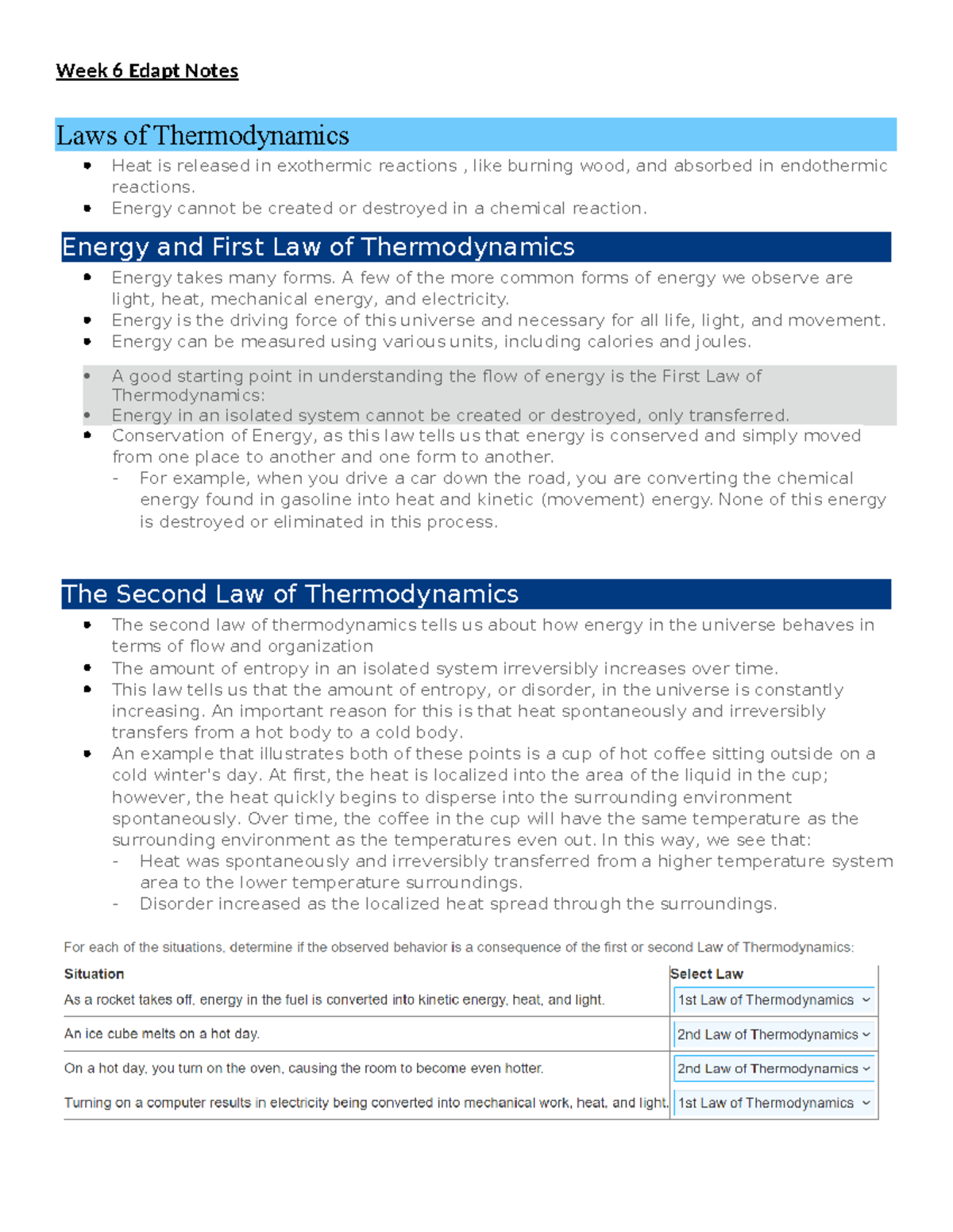 Week 6 Edapt Note1 - Week 6 Edapt Notes Laws of Thermodynamics ...