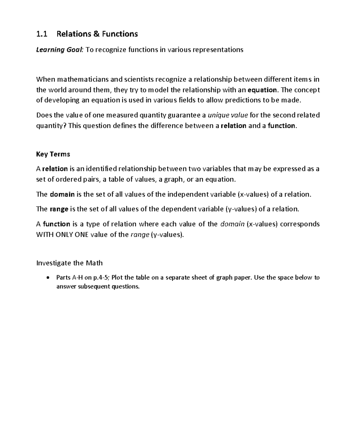 1.1 Relations and Functions - 1 Relations & Functions Learning Goal: To ...