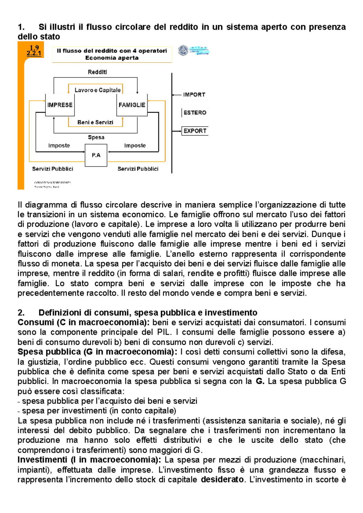 Risposte macroeconomia - 1. Si illustri il flusso circolare del reddito ...