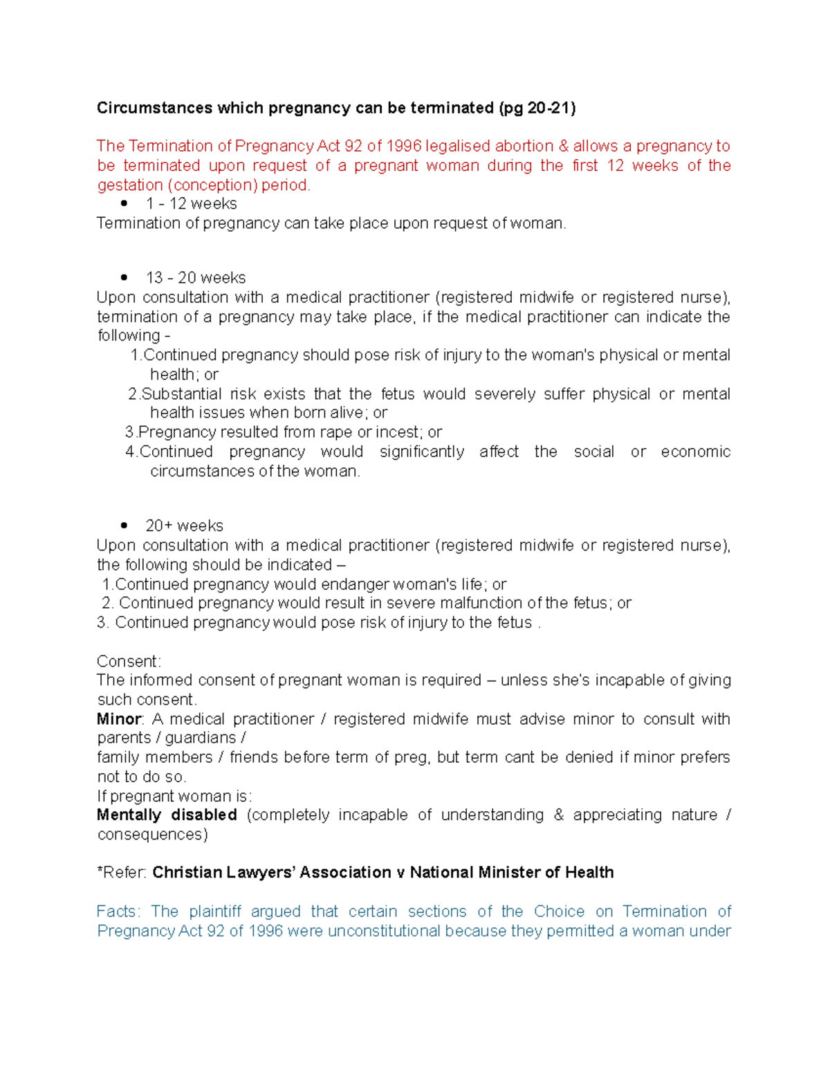 Law of persons tutorial notes(test 1) - Circumstances which pregnancy ...