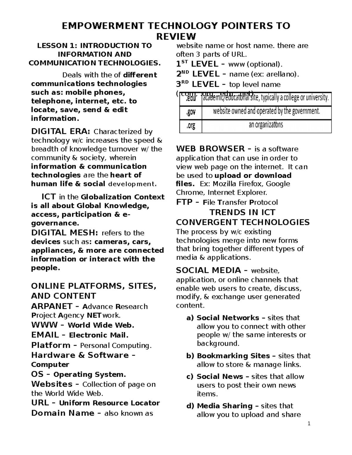 EMP TECH Pointers TO Review - REVIEW LESSON 1: INTRODUCTION TO ...