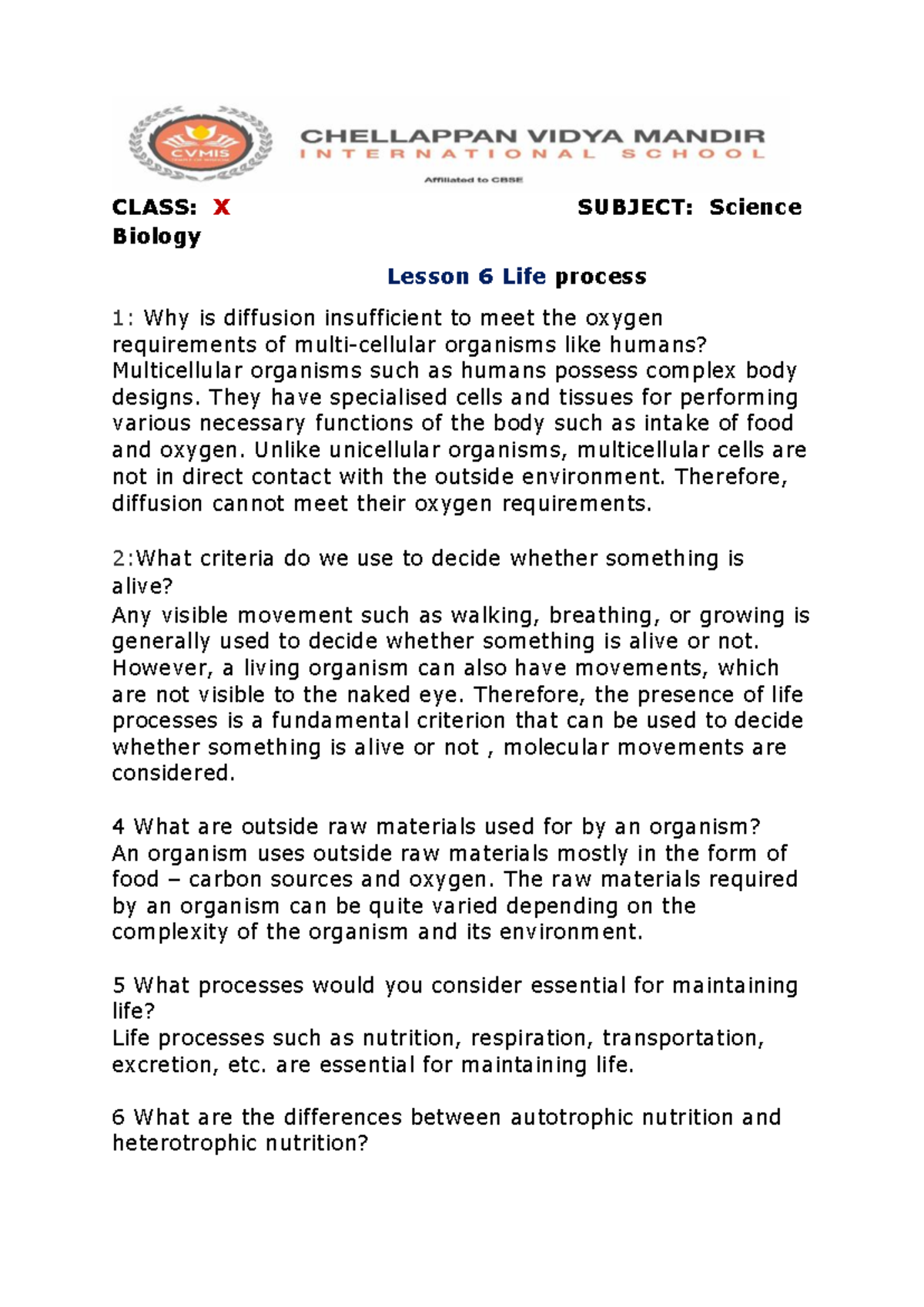 10 bio cw ln 6 - Biology - CLASS: X SUBJECT: Science Biology Lesson 6 ...