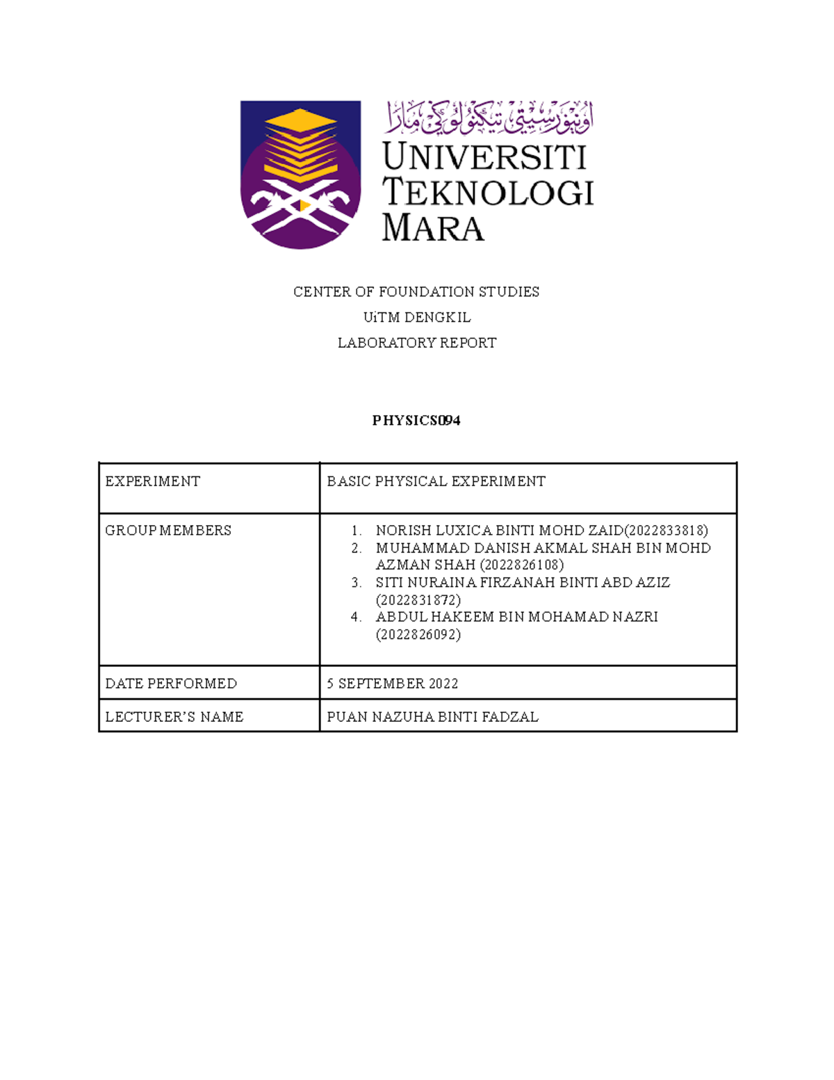 Physics LAB Report W2 - CENTER OF FOUNDATION STUDIES UiTM DENGKIL LABORATORY REPORT PHYSICS ...