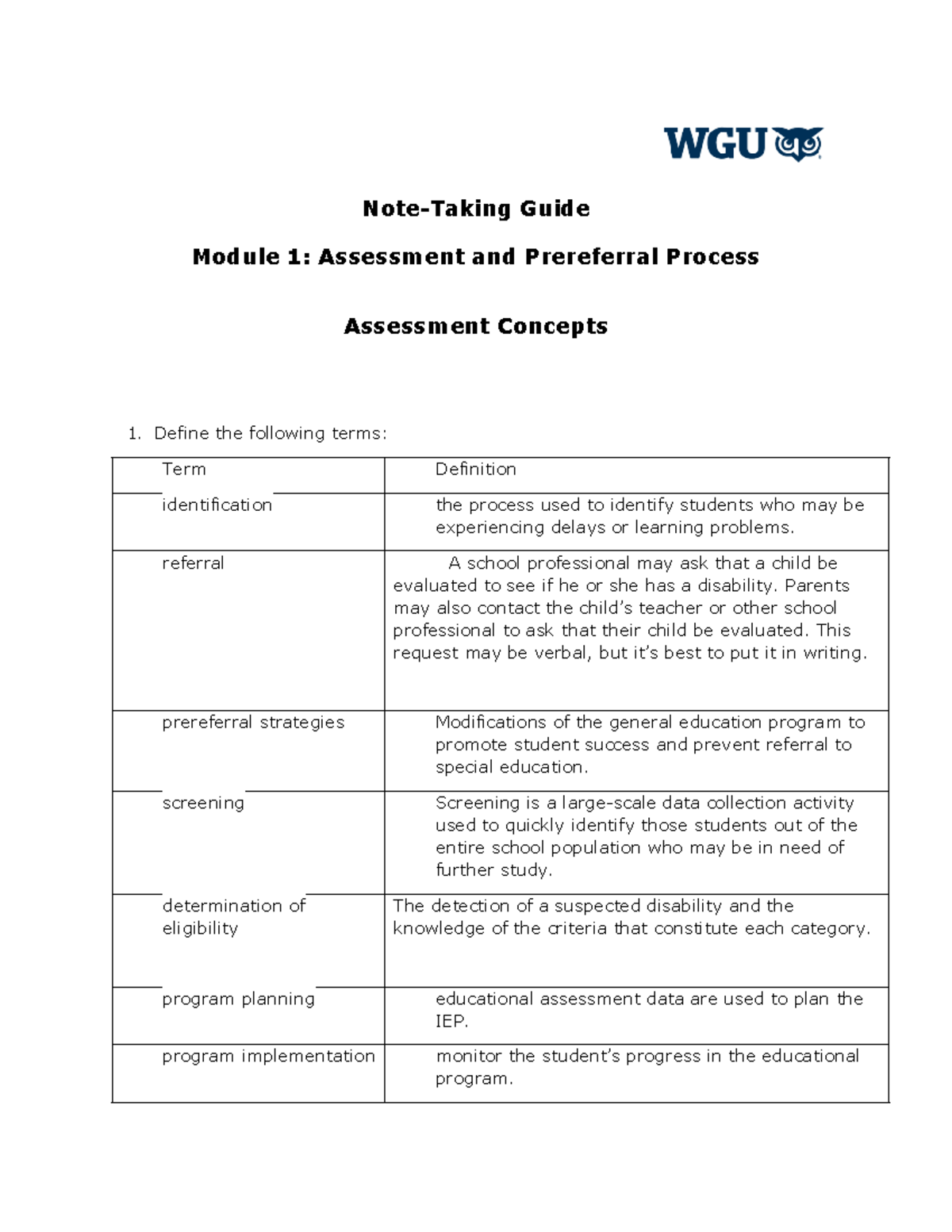 D003 notes 1 - Note-Taking Guide Module 1: Assessment and Prereferral ...