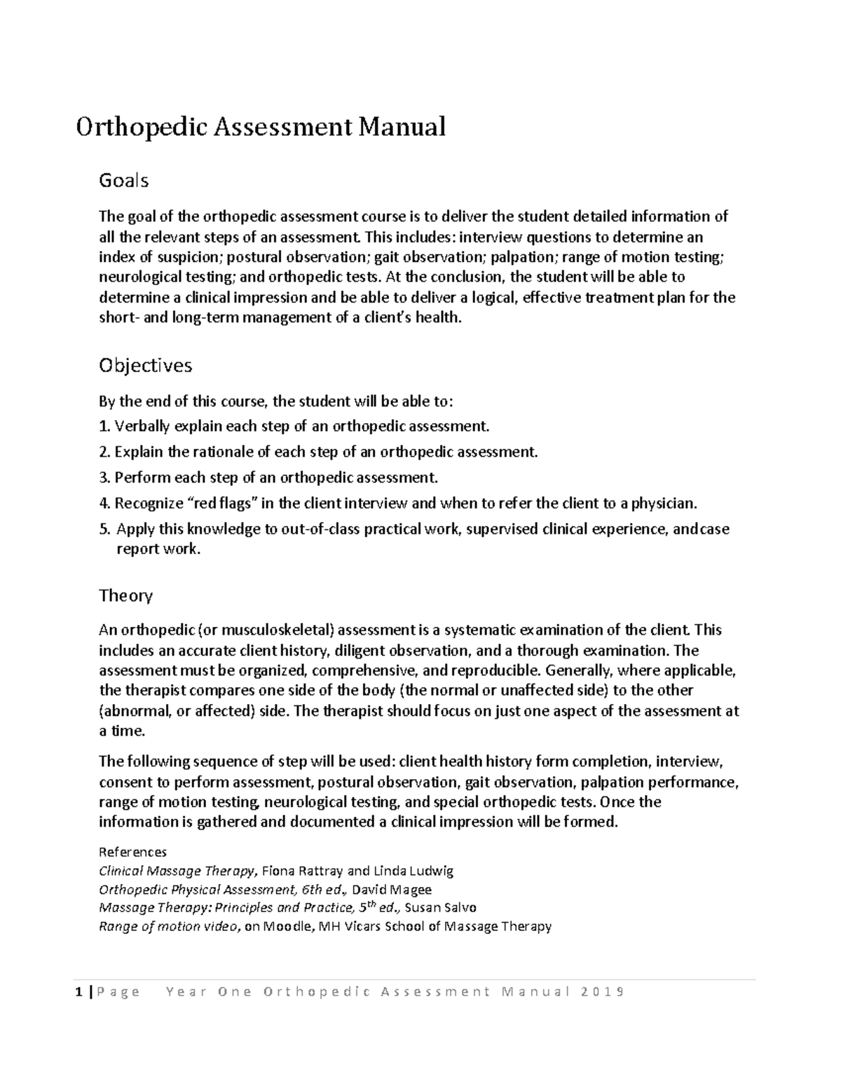 O.A. Manual Year One 2019 - Orthopedic Assessment Manual Goals The goal ...