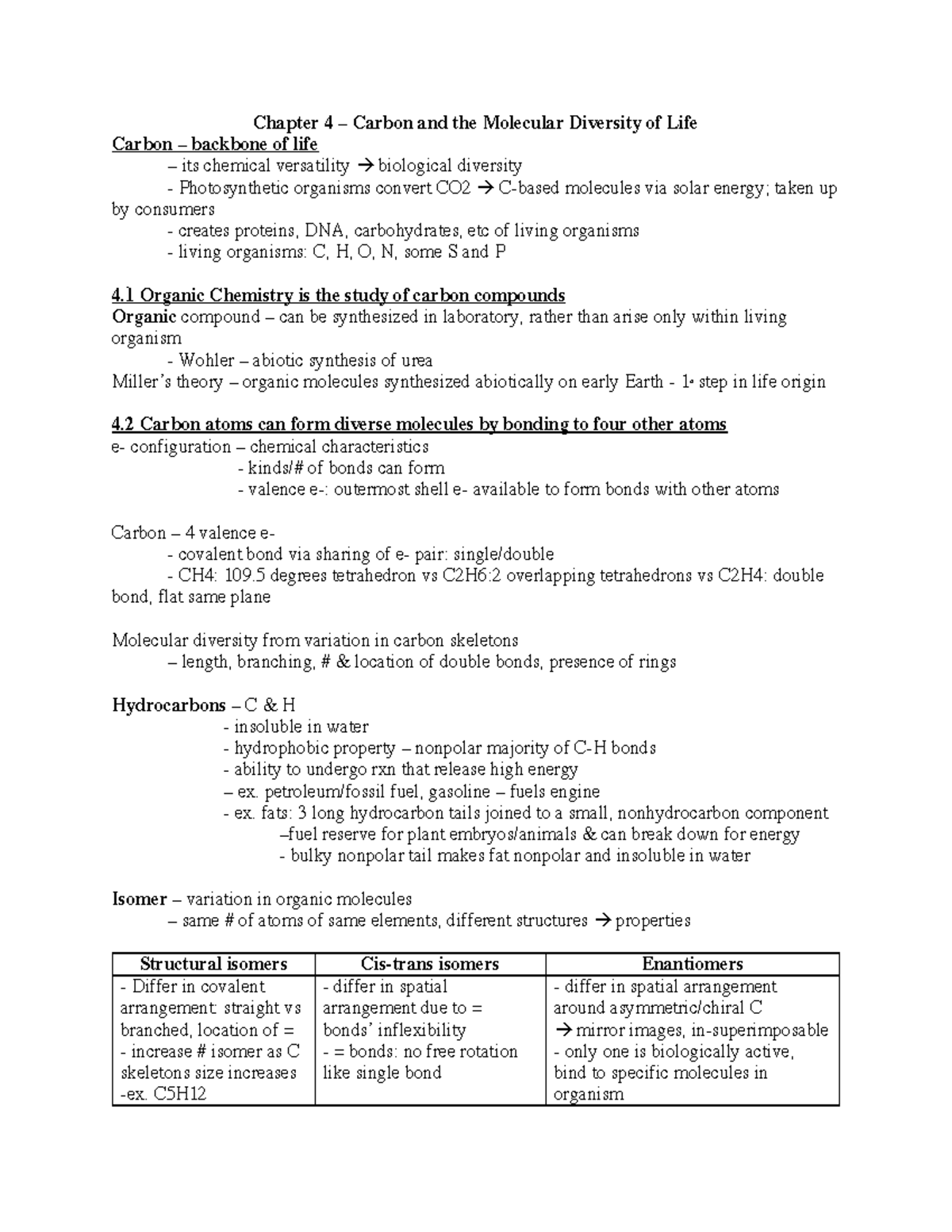 Bio 100 Textbook Exam 1 Notes - Chapter 4 Carbon and the Molecular ...