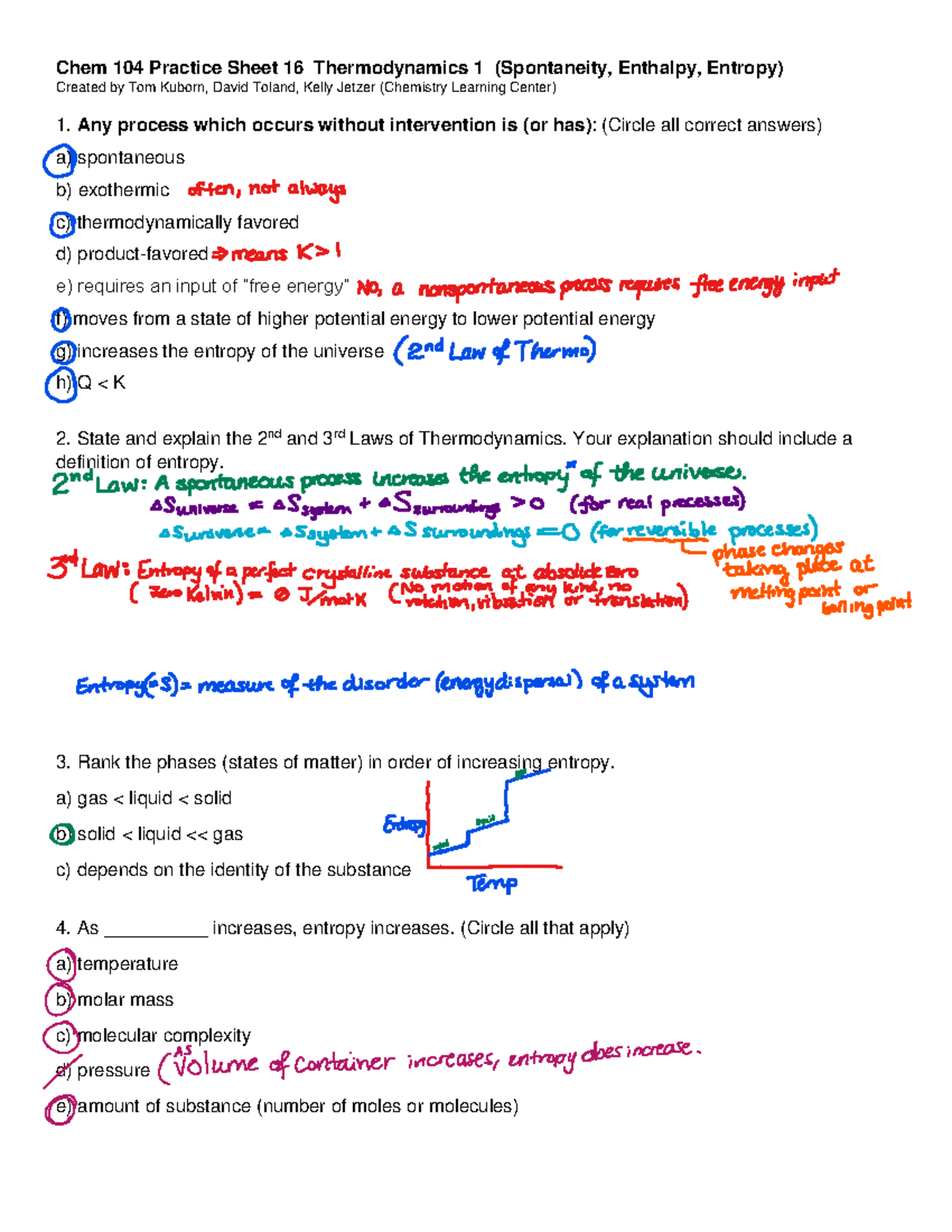 Chem 104 Practice Sheet 16 Thermodynamics 1 Key - Chem 104 Practice ...