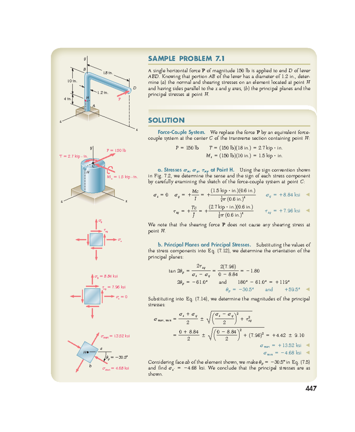 L - Mechanics of Materials - SAMPLE PROBLEM 7. A single horizontal force P of magnitude 150 lb ...