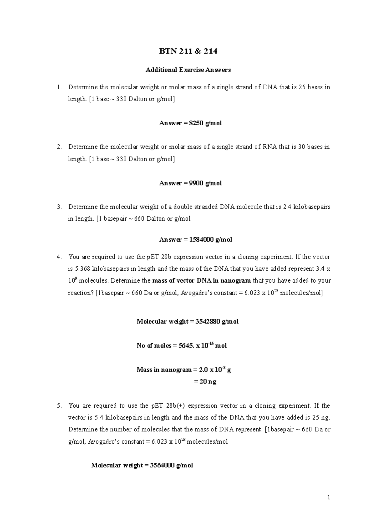 Additional Exercise 1 Answers BTN 211 214 - BTN 211 & 214 Additional ...