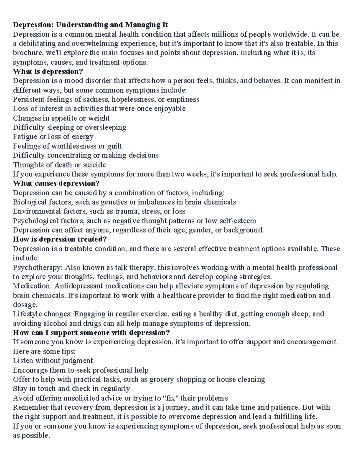 Depression Brochure - Depression: Understanding and Managing It ...