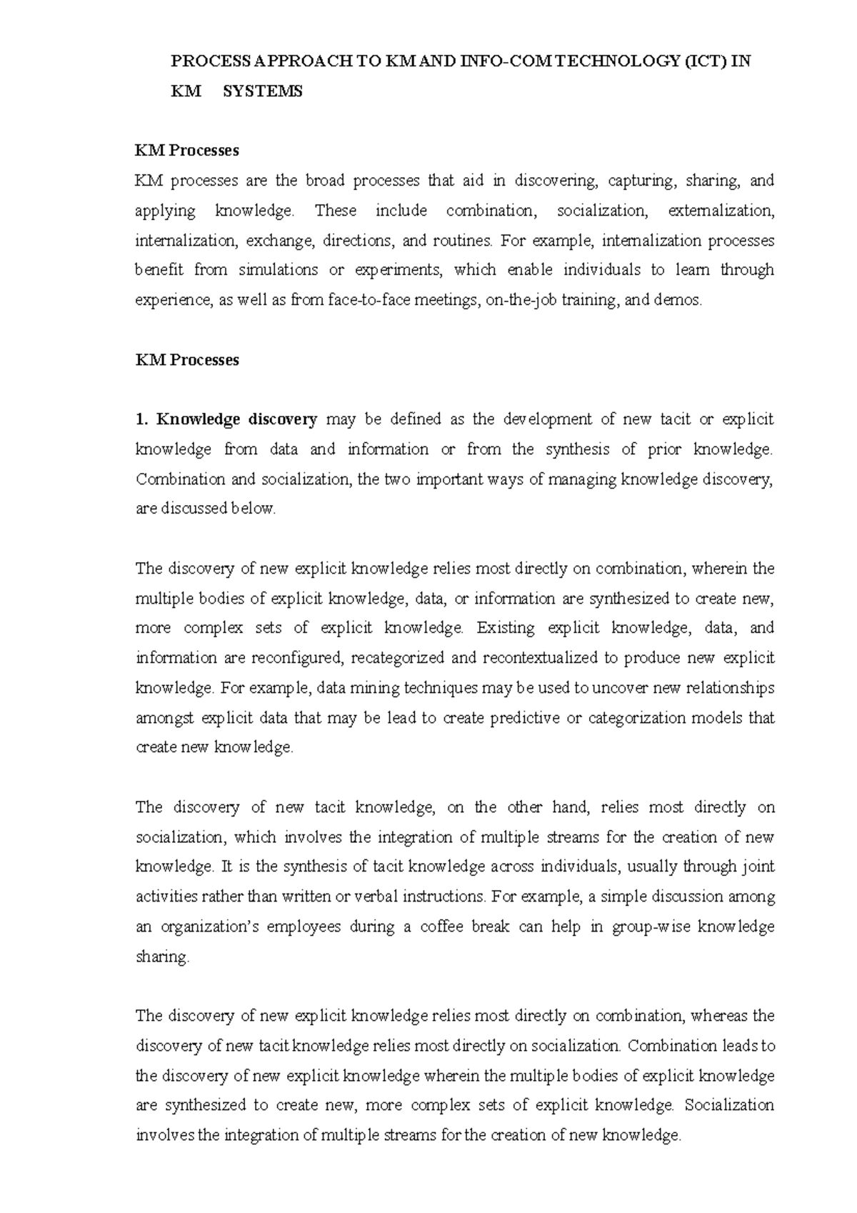Ch05 Knowledge Management Processes Process Approach To Km And Info