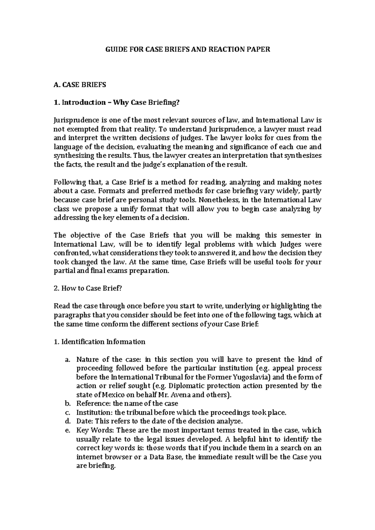 Guide FOR CASE Brief AND Reaction Paper - GUIDE FOR CASE BRIEFS AND ...