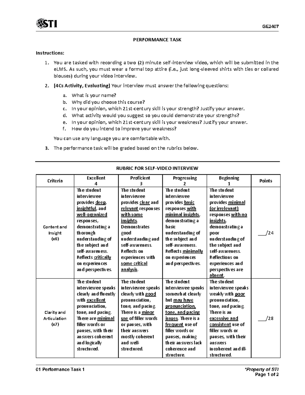 01 Performance Task 1 - GE 2407 01 Performance Task 1 *Property of STI ...