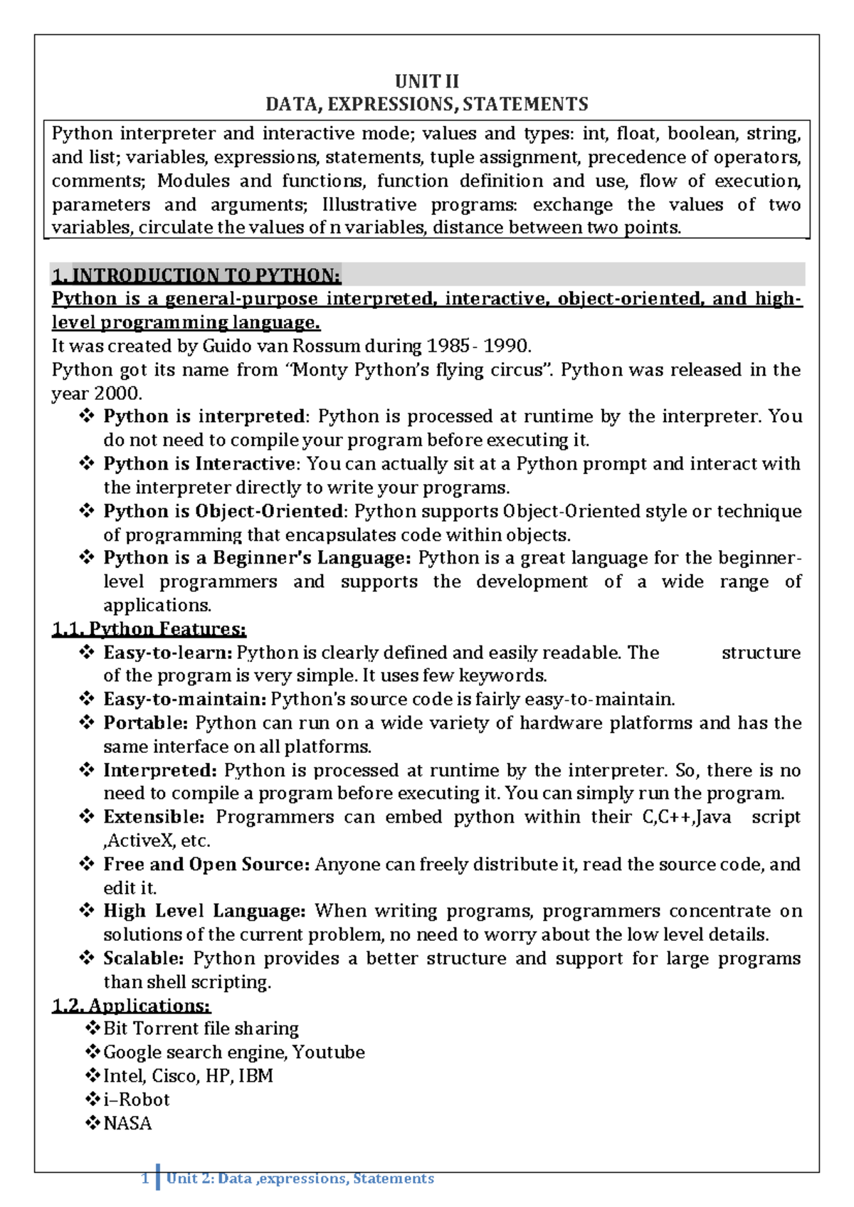 Unit 2 GE8151 PSPP - PYTHON - UNIT II DATA, EXPRESSIONS, STATEMENTS Python interpreter and - Studocu