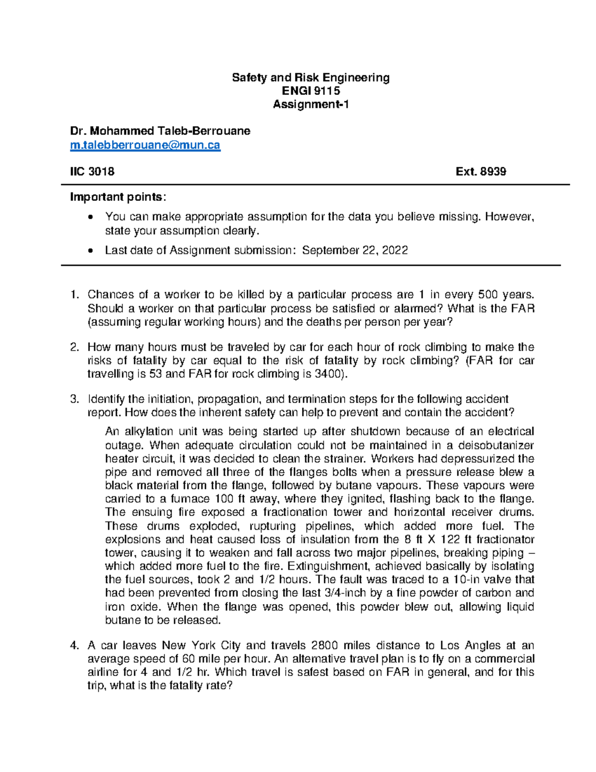 Assignment 1 - ENGI 9115 - F2022 - Safety and Risk Engineering ENGI ...