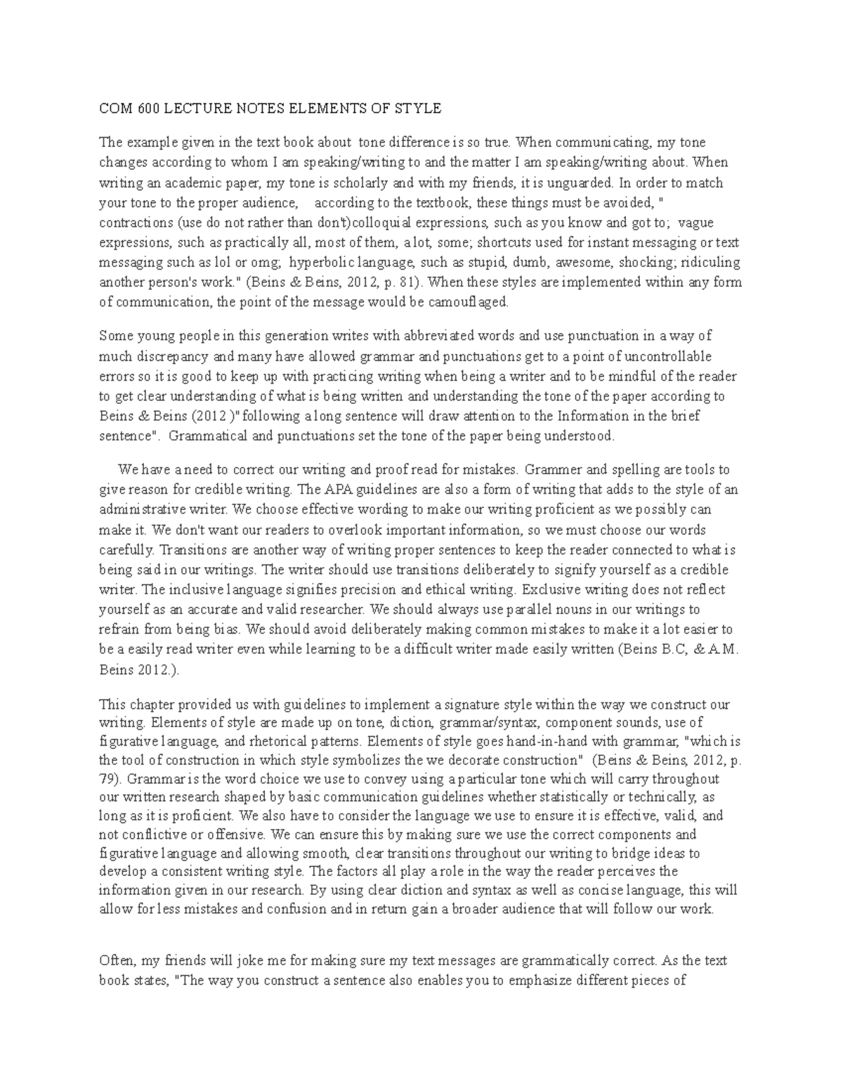COM 600 Lecture Notes Elements OF Style - COM 600 LECTURE NOTES ...