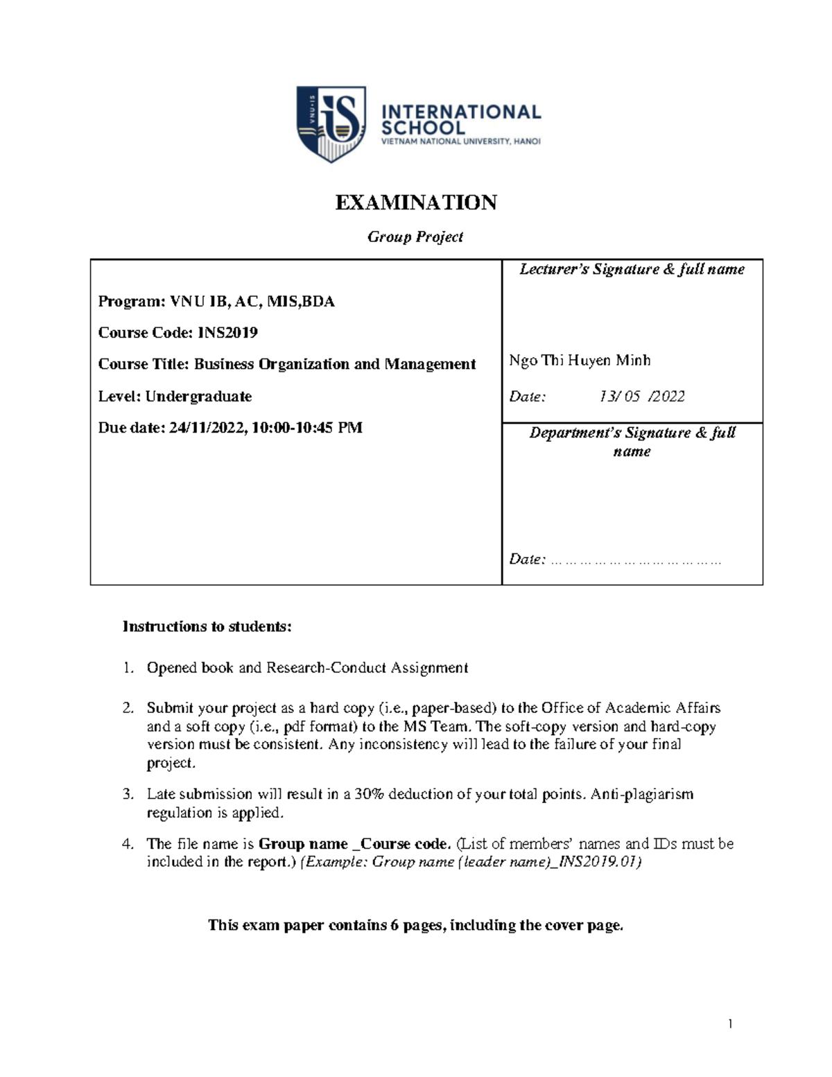 22.04. BOM. final exam. BOM2019 - EXAMINATION Group Project Program: VNU IB, AC, MIS,BDA Course ...