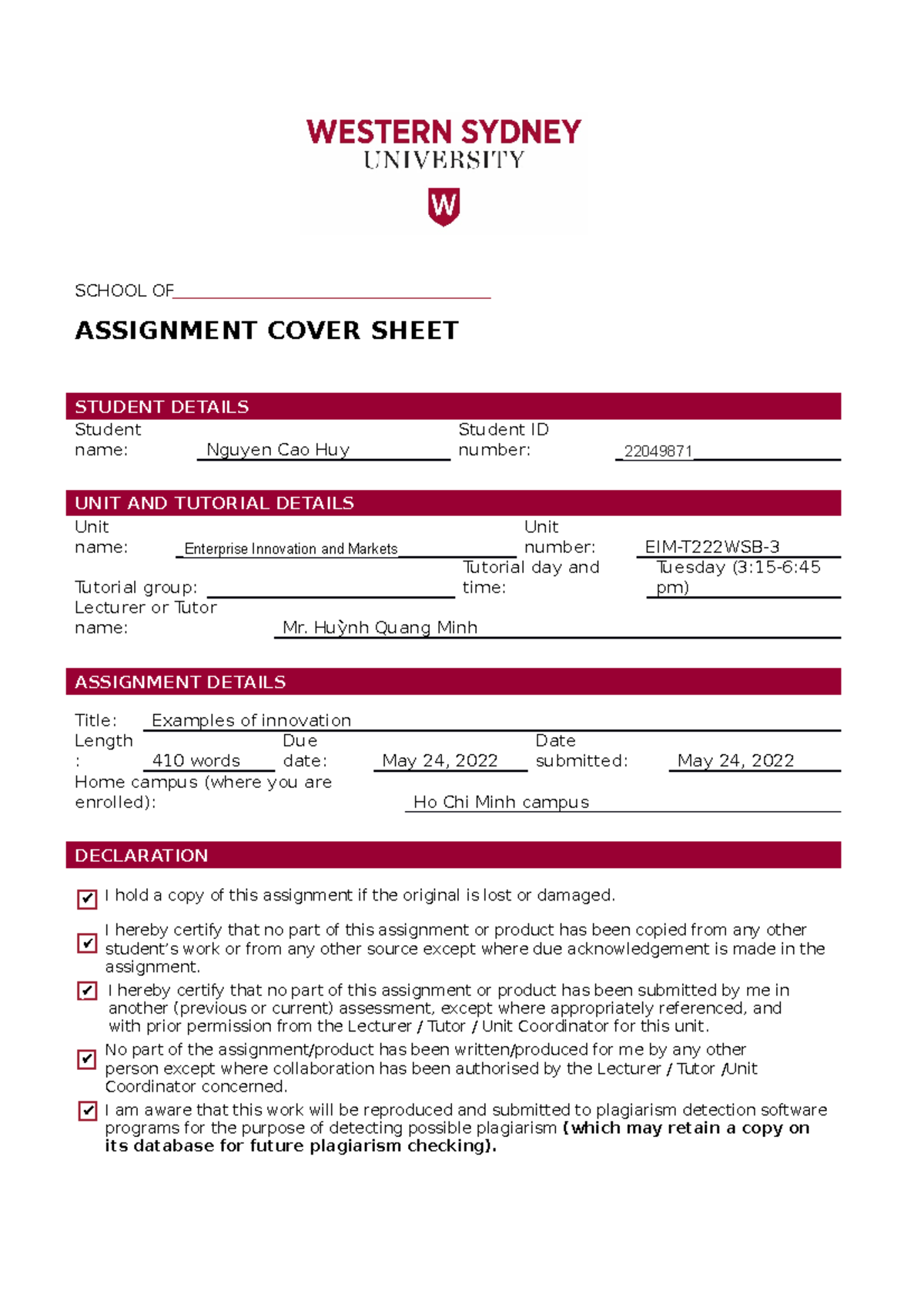 EIM-T222WSB-3 Examples of innovation - SCHOOL OF ASSIGNMENT COVER SHEET ...